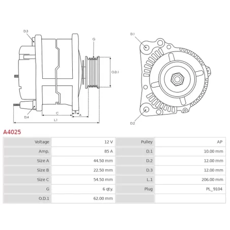 Alternateur 12V 85Amp BOSCH 0986040631, 0986040641, CARGO 111625, DELCO ...