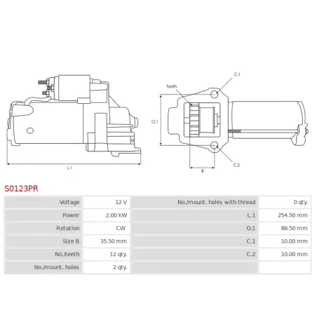 Démarreur 12V 2.00kW 2 dents Remplace BOSCH 00010DB94E, 0001105205 ...